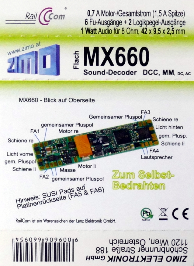 ZIMO MX660 Decoder mit Lötpads, Lok-Decoder Spur N, H0m - Modellbauland